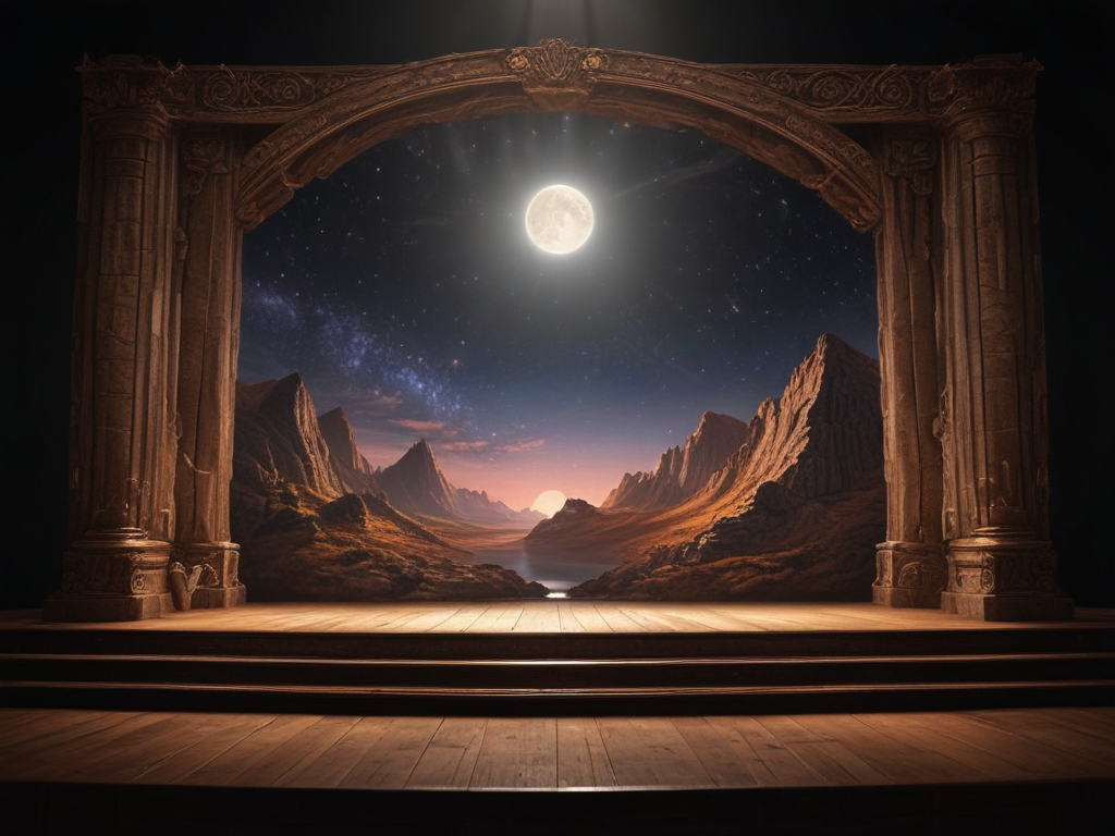 An Enchanted Stage Showcasing a Serene Moonlit Landscape at Dusk.