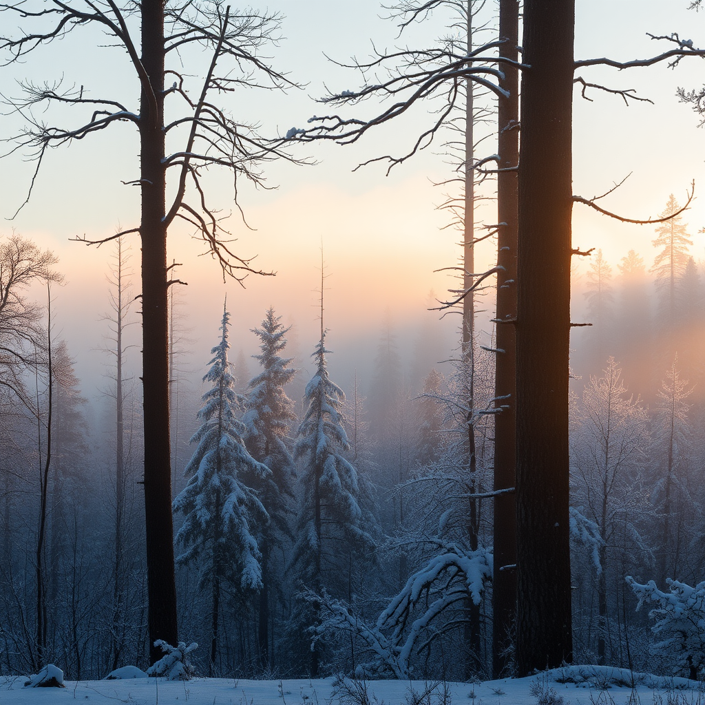 Winter Sunrise in a Tranquil Forest with Snow-Covered Trees and Mist