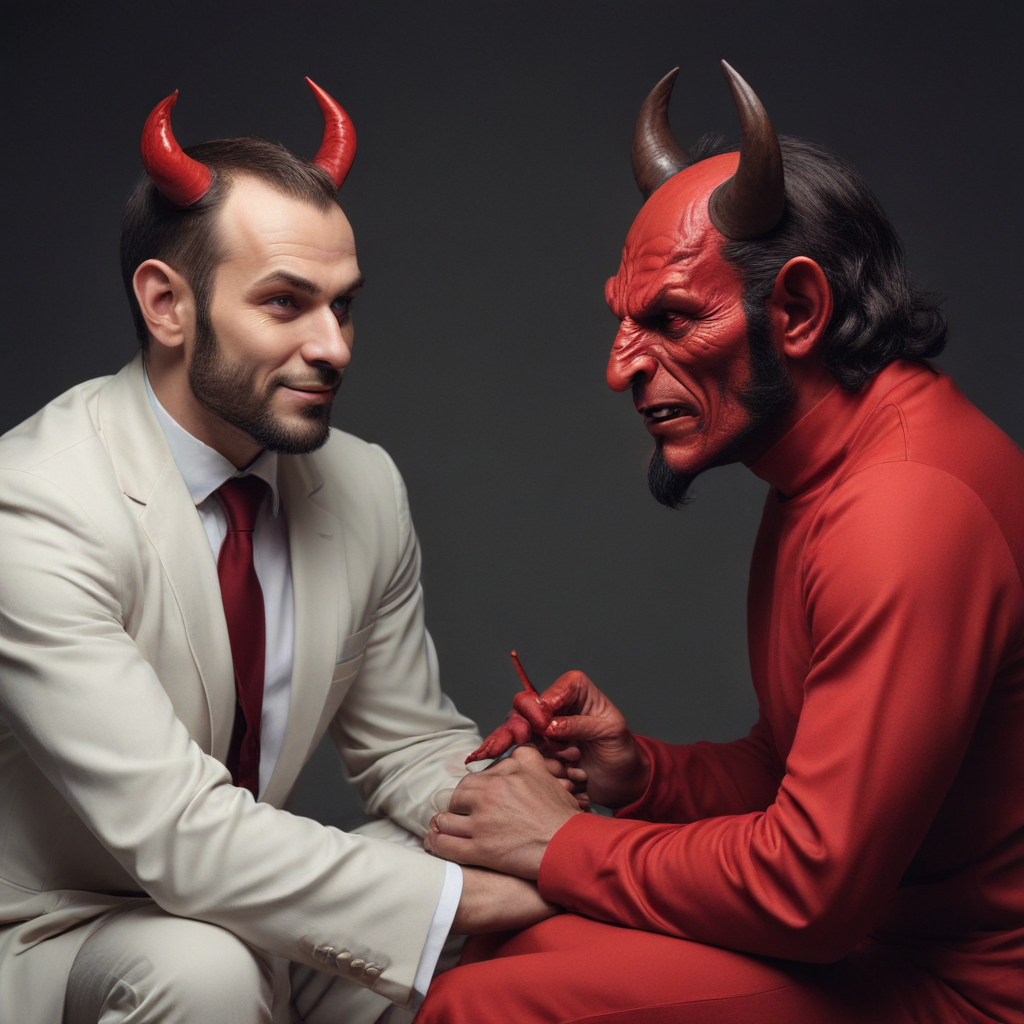 Devil and human sat opposite to each other