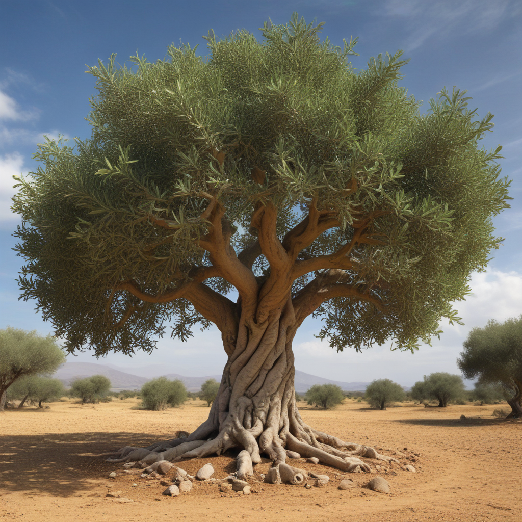 Majestic Olive Tree with Twisted Roots Stands Resilient in Arid Landscape.