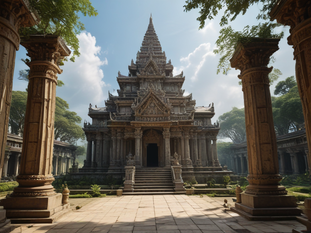 Majestic Ancient Temple Surrounded by Lush Greenery Under a Bright Sky