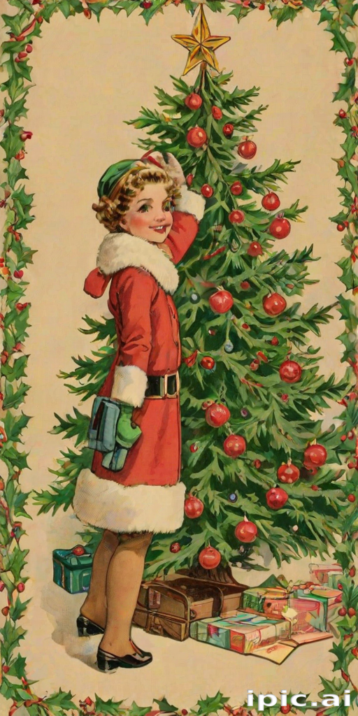 Joyful Girl Decorating a Christmas Tree with Cheerful Holiday Spirit