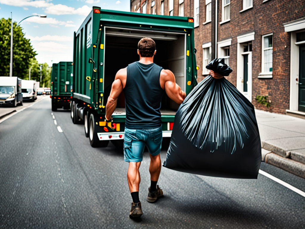 realistic handsome muscular garbagemen from behind carrying black ...