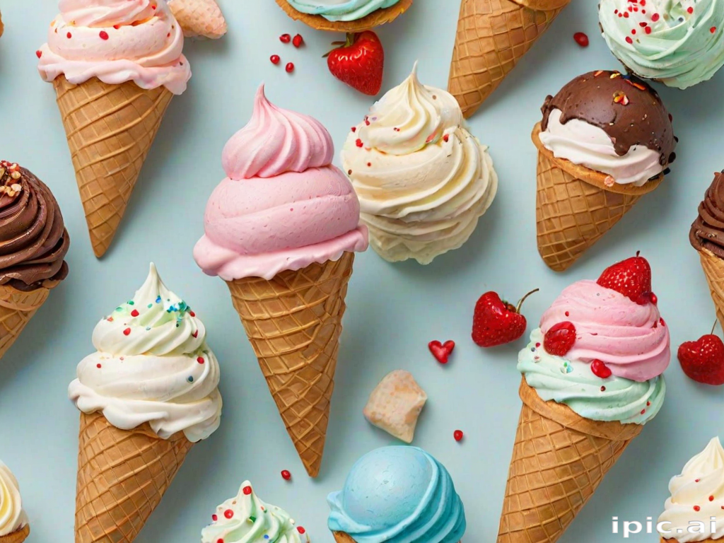 A Colorful Array of Delicious Ice Cream Cones with Toppings and Sprinkles.
