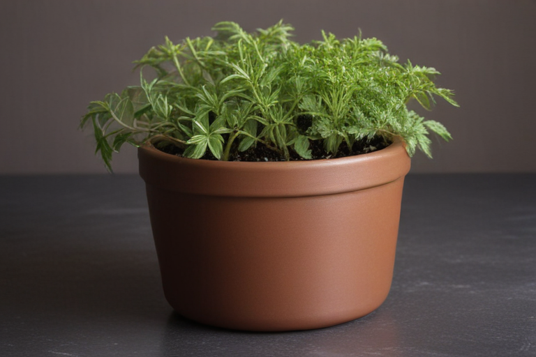Vibrant Green Plant Growing in a Simple Brown Pot on a Table
