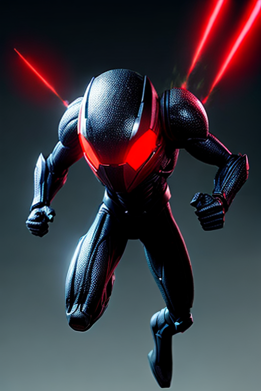 alien red and black suit with glowing eyes that shoot lasers cutting a ...