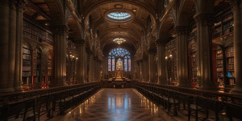 Majestic Library Interior with Stunning Architecture and Illuminated Stained Glass Windows