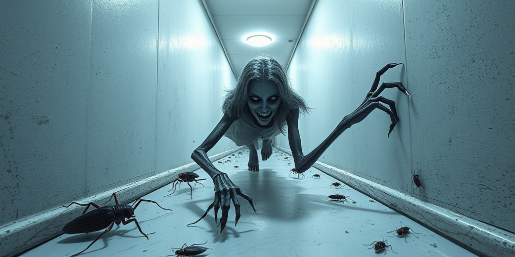 Terrifying Encounter: A Haunting Figure Crawls Through an Infested Hallway