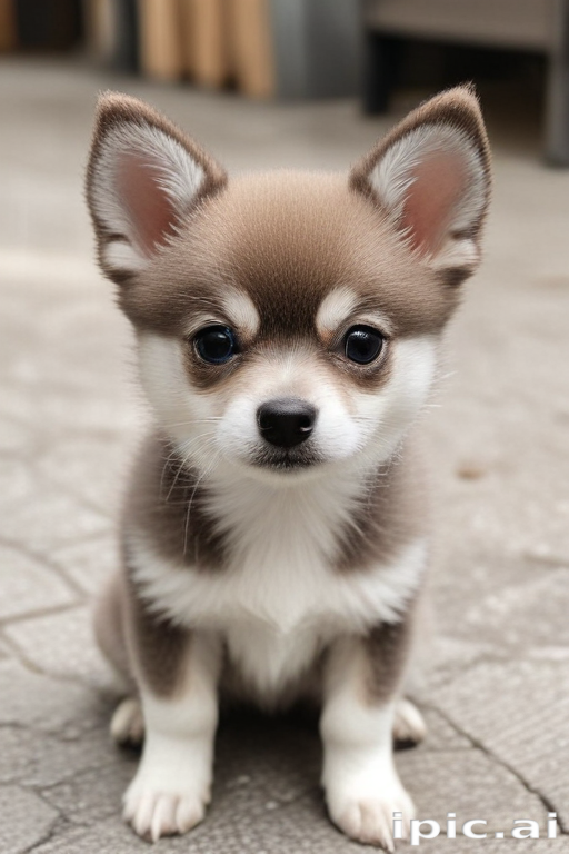 Adorable Puppy with Fluffy Fur Sitting Cutely on a Paved Surface