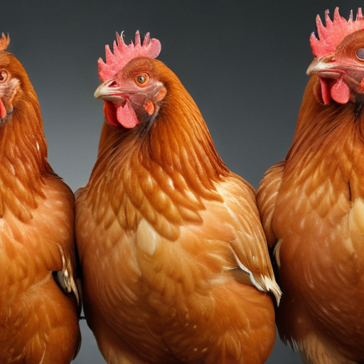 Three Vibrant Brown Chickens Posing Together Against a Dark Background.