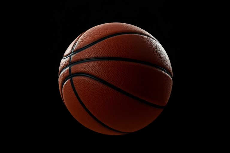 A close-up shot of a basketball in motion with dynamic lighting on a ...