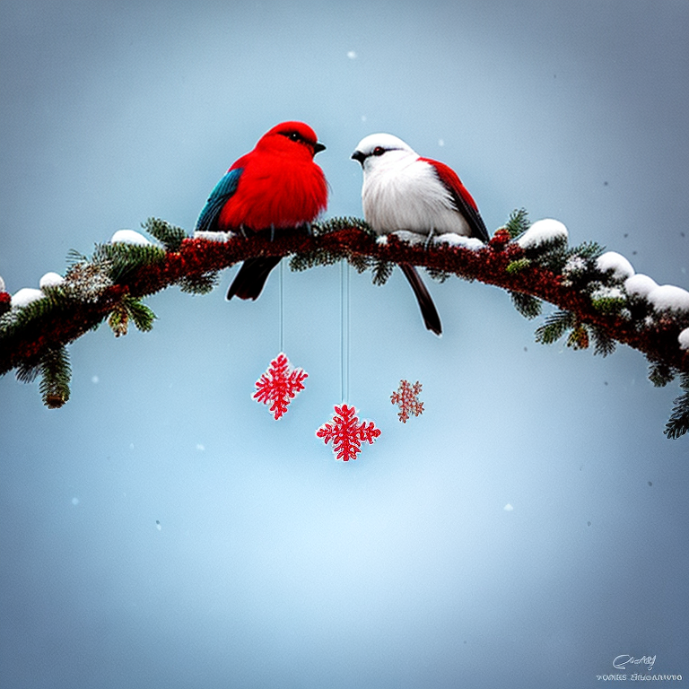 two love birds snowflakes falling under the mistletoe