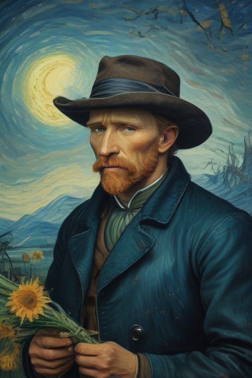 Vincent van Gogh Holding Sunflowers Against a Starry Night Background