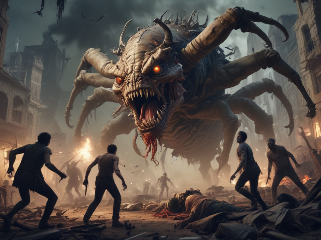 zombies fighting with giant bug in ruins