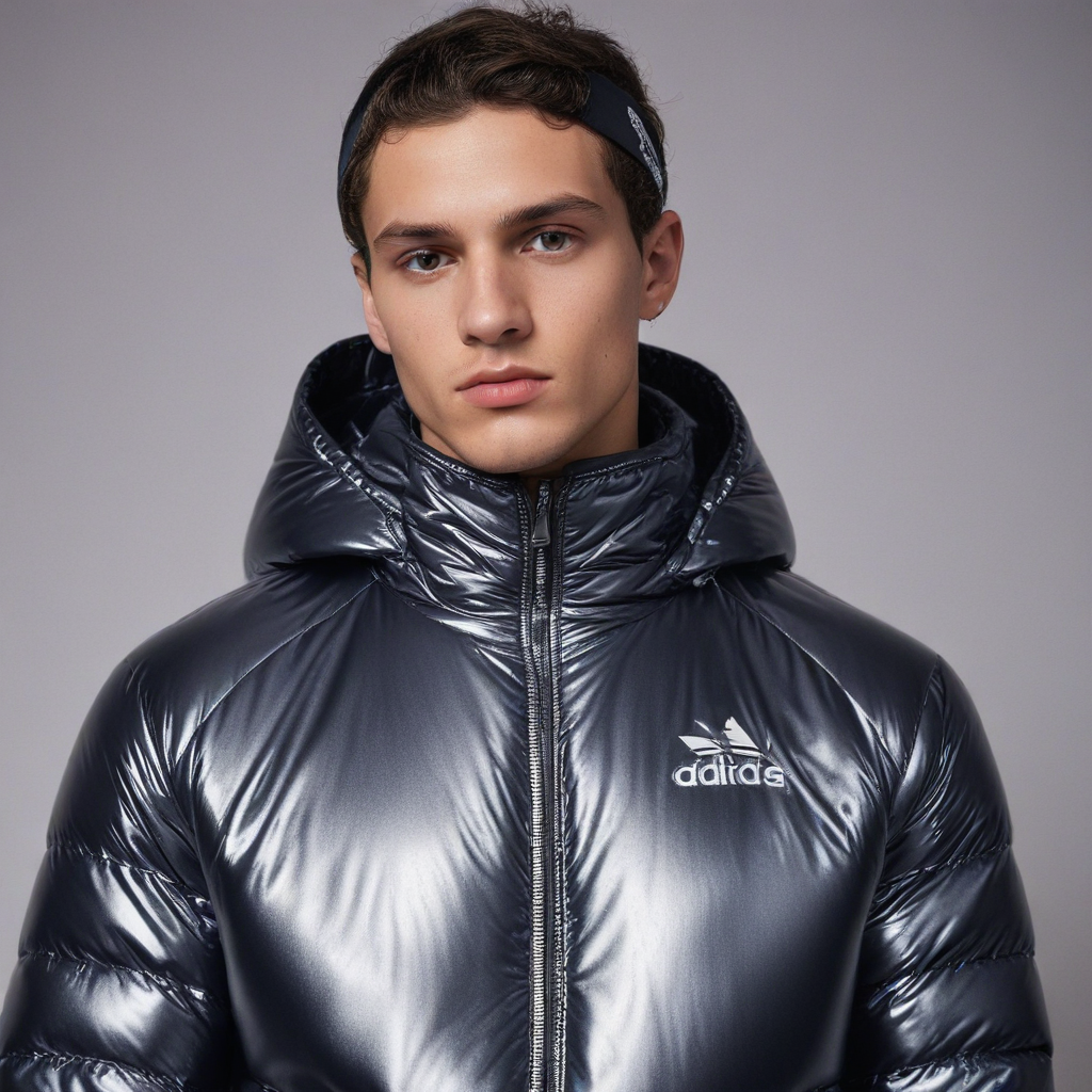 Male supermodel adidas shiny puffer jacket bling jewellery hood headband
