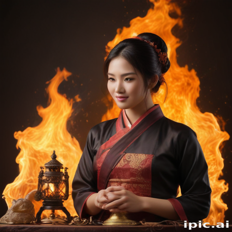 Graceful Woman in Traditional Attire Surrounded by Fiery Flames and Lantern