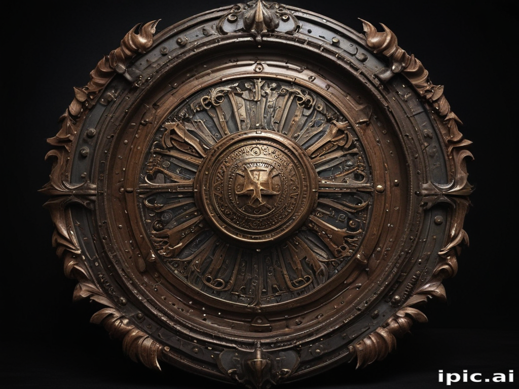 Intricate Bronze Shield with Decorative Patterns and Historical Emblems ...