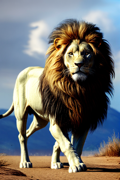 In an otherworldly realm, a humanoid lion strides majestically, a ...