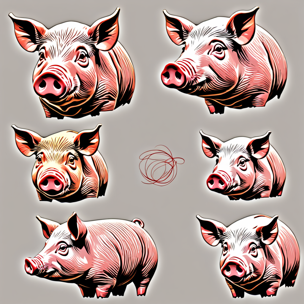 Pig head, hachuras, draw, skecth, multiple angles