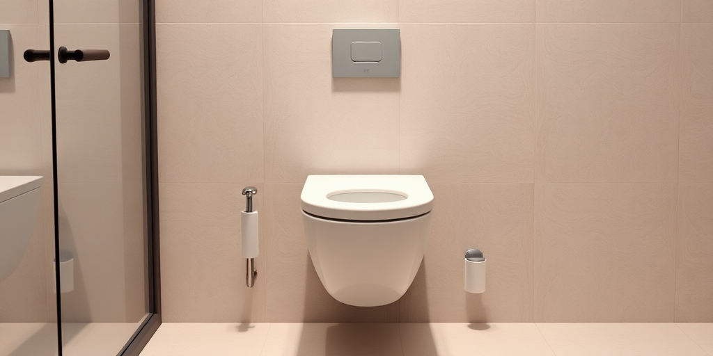 Create a high-quality image of a modern wall-mounted toilet in a ...