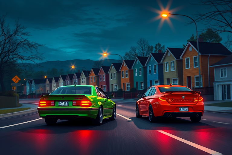 Nighttime Street Scene Featuring Vibrant Cars Against Colorful Houses ...