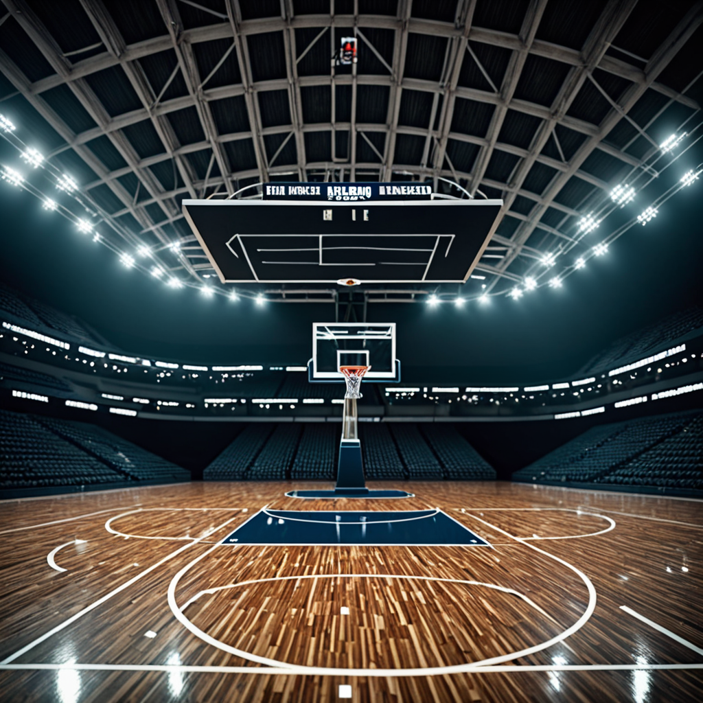 ultra realistic indoor basketball arena, perfect lines, low angle ...