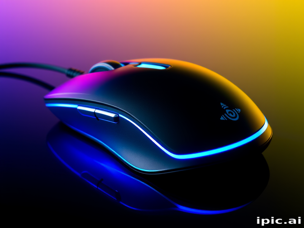 Stylish Gaming Mouse with Vibrant LED Lights on a Reflective Surface