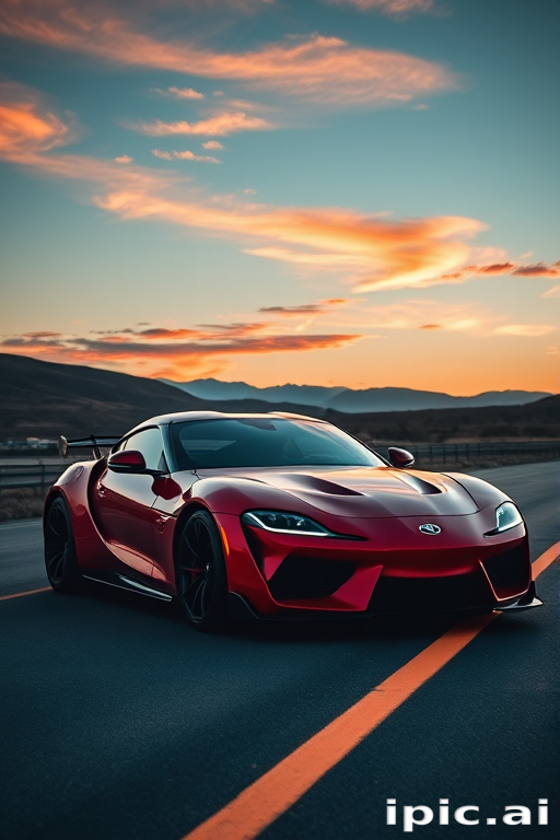 Stunning Red Sports Car Against a Breathtaking Sunset Sky Landscape