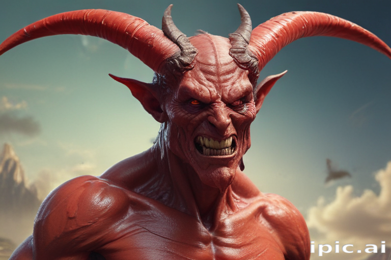 A Fierce Red Demon with Majestic Horns and Intense Expression in Nature
