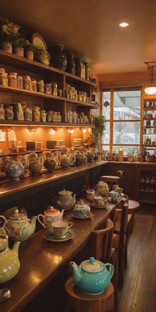 A Cozy Tea Shop Filled with Beautiful Teapots and Warm Ambiance.