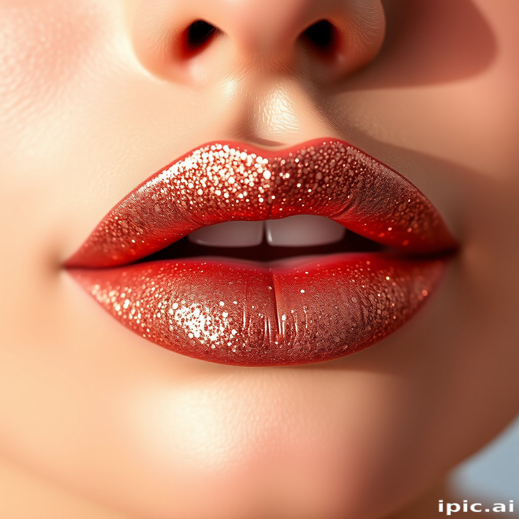 Close-Up of Shimmering Glossy Lips with a Sparkling Red Finish