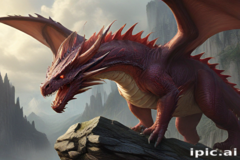 Majestic Red Dragon Roaring from a Rocky Mountain Peak in Fantasy Landscape