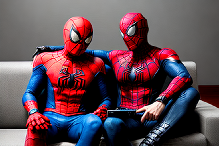 2 Spider-Man playing video games on a couch