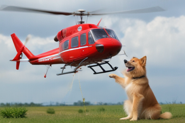 a dog flying a red helicopter