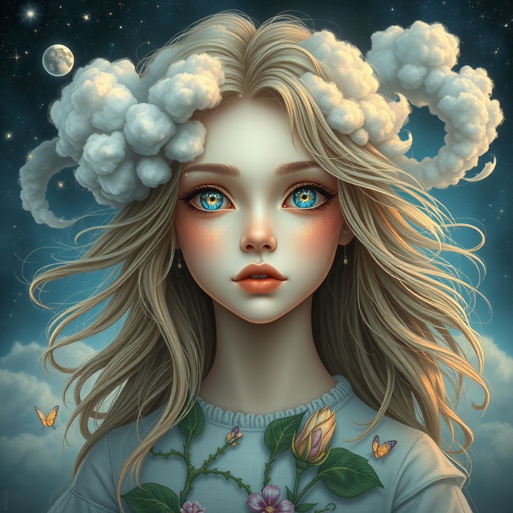 Whimsical Portrait of a Dreamy Girl Surrounded by Ethereal Clouds and Stars