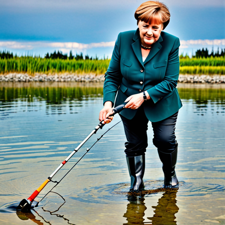 angela merkel fishing a boot from a sea