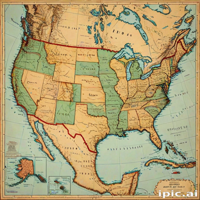 Historical Map of the United States Highlighting State Boundaries and ...