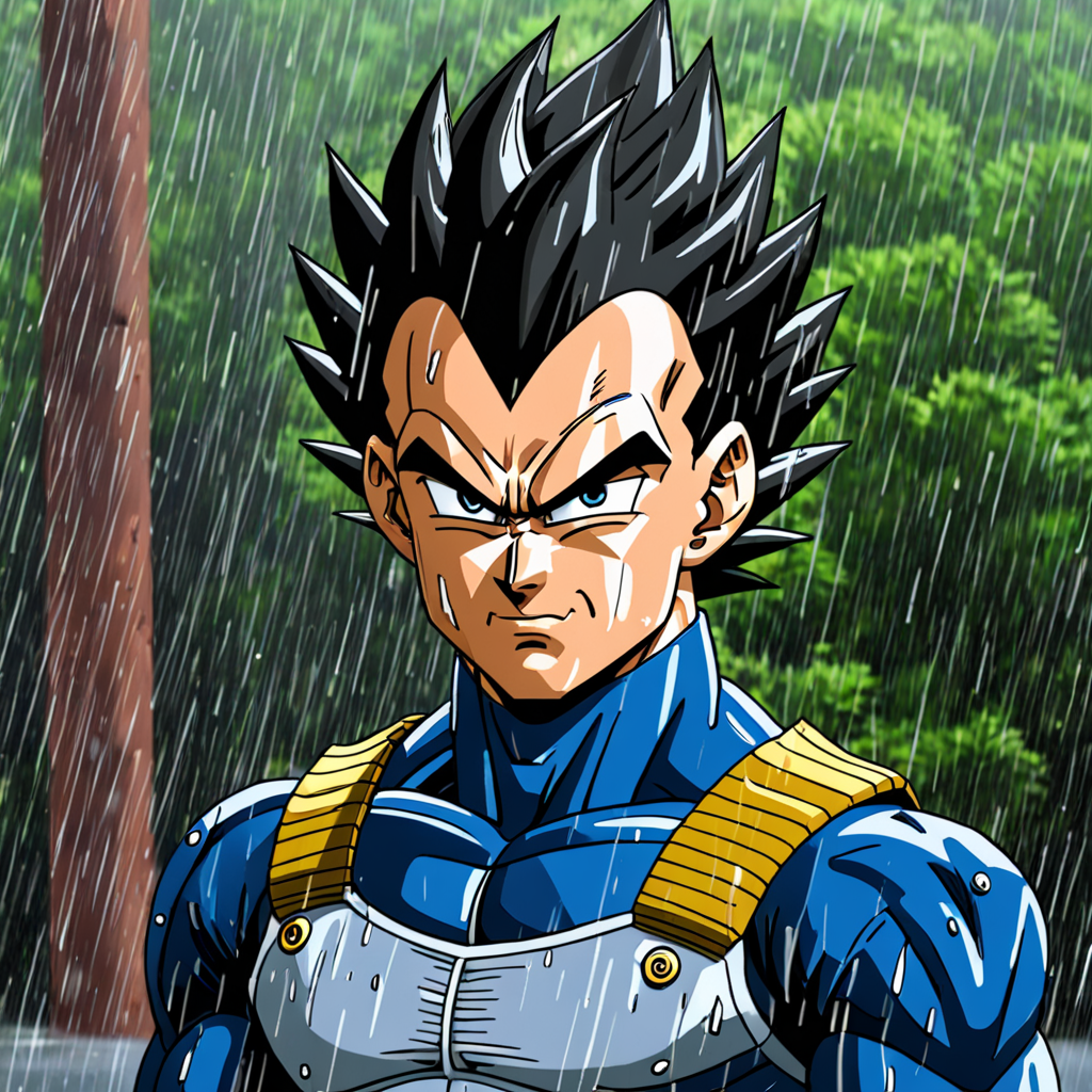 vegeta from dragon ball standing in the rain looking determined