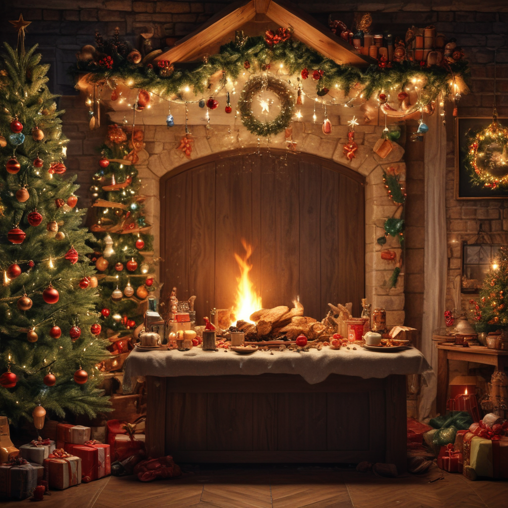 A Cozy Christmas Scene with a Warm Fireplace and Festive Decor.