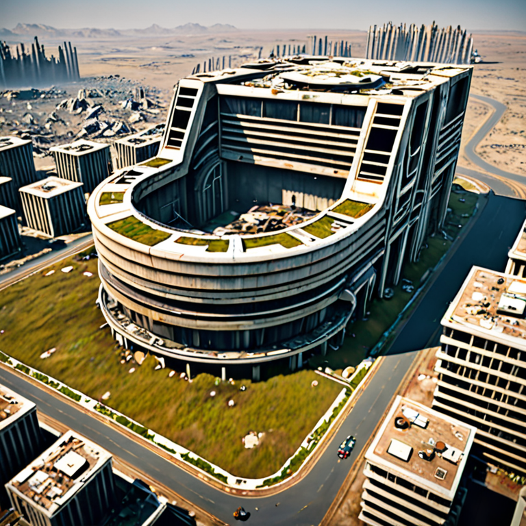 1 huge scifi building in a broken wastland apocalptic city