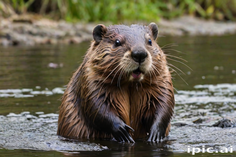 A Playful Beaver Standing in the Water with a Curious Expression.
