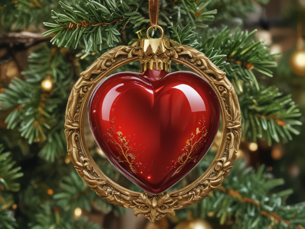 Beautiful Red Heart Ornament Hanging on a Festively Decorated Christmas ...