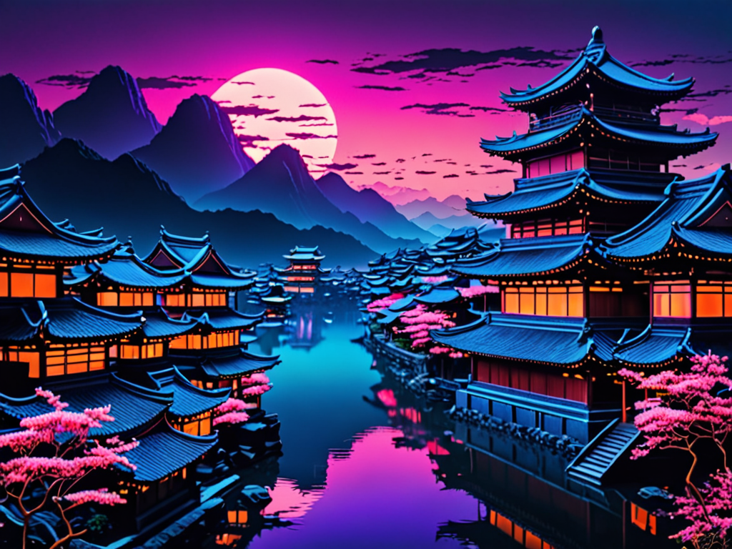 surreal neon asian ninja landscape art