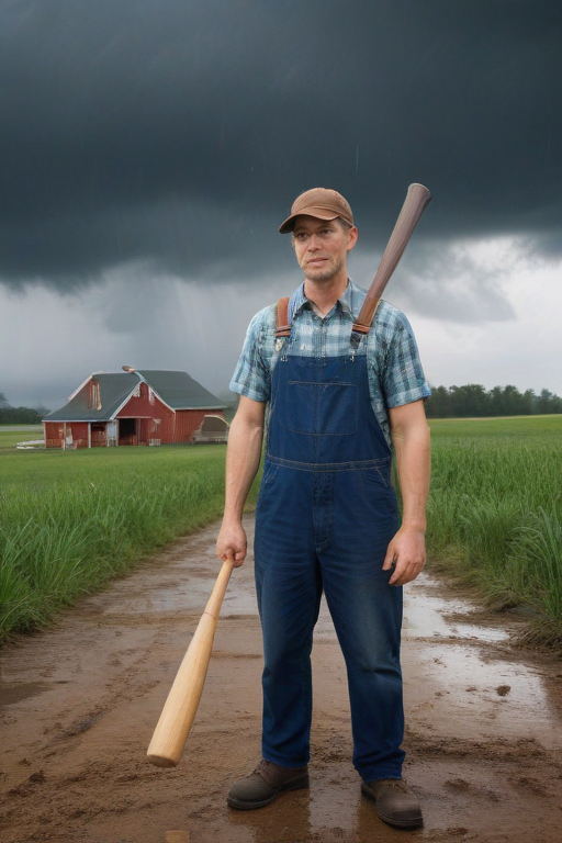 Farmer with baseball bat, Cartoon art style, standing on a farm, in a storm