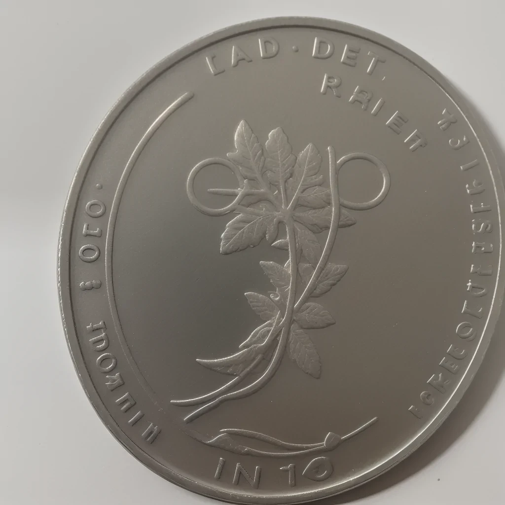 Detailed Close-Up of a Silver Coin Featuring a Vine and Leaves Design