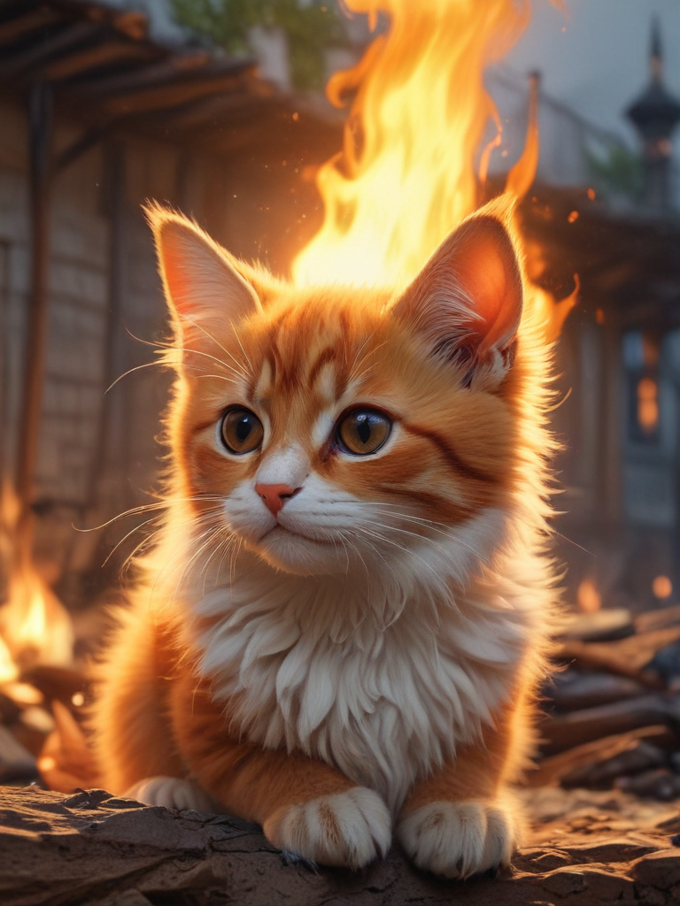 Flame-Headed Cat: A Whimsical Scene of Fire and Feline Charm