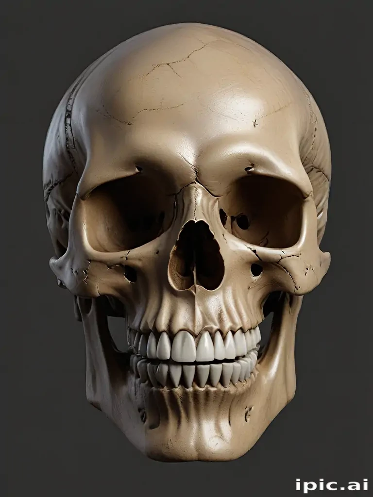 Realistic 3D Render of a Human Skull with Detailed Features and Textures