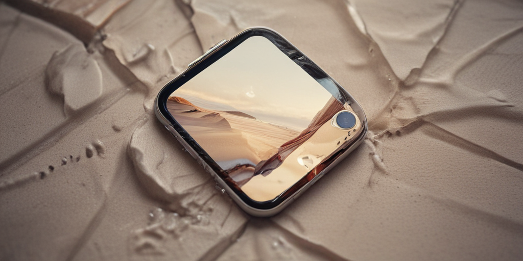 Elegant Smartwatch Displaying Desert Landscape on a Textured Surface ...