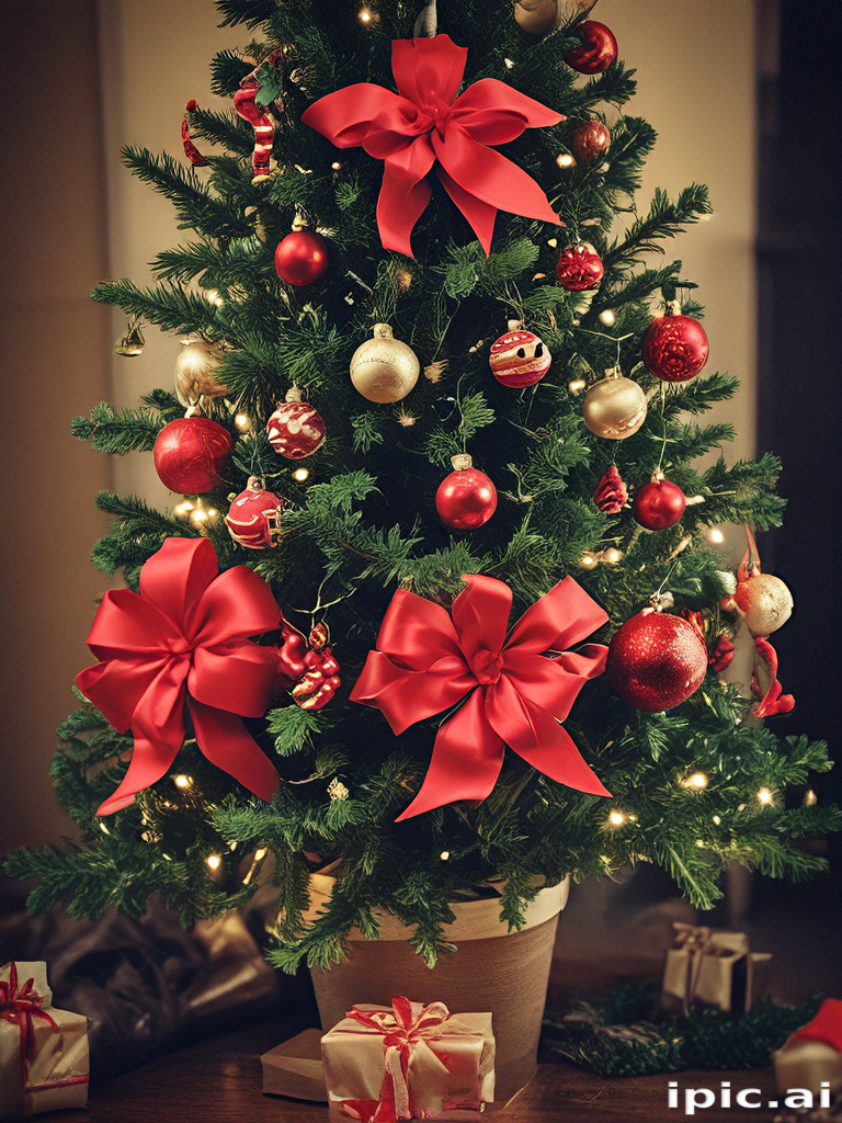 Festively Decorated Christmas Tree with Red Bows and Sparkling Ornaments