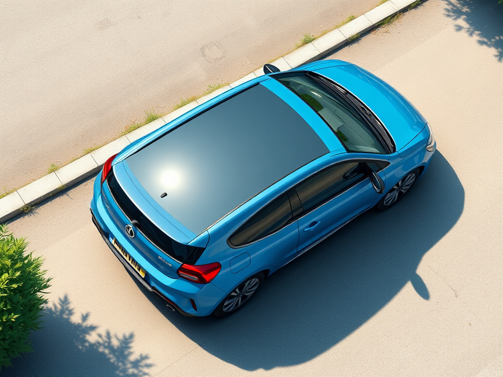 A Bright Blue Car Parked on a Sunny Street Surrounded by Greenery.